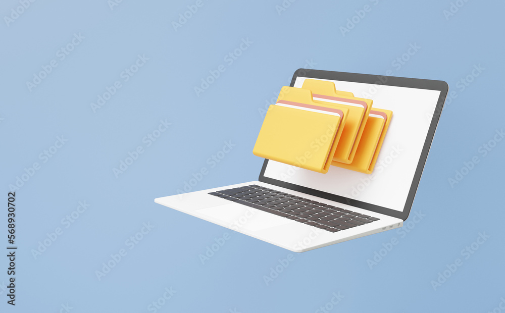 Computer laptop moving file folders management floating on pastel ...