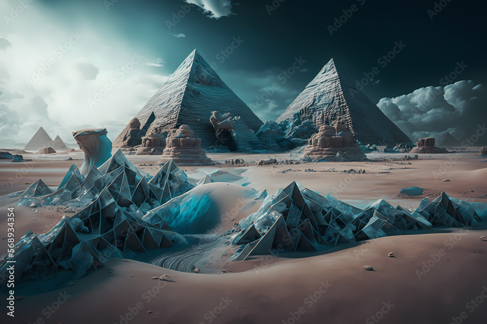 Frozen Egypt ancient pyramids in snow. Concept Global cooling, Winter ...