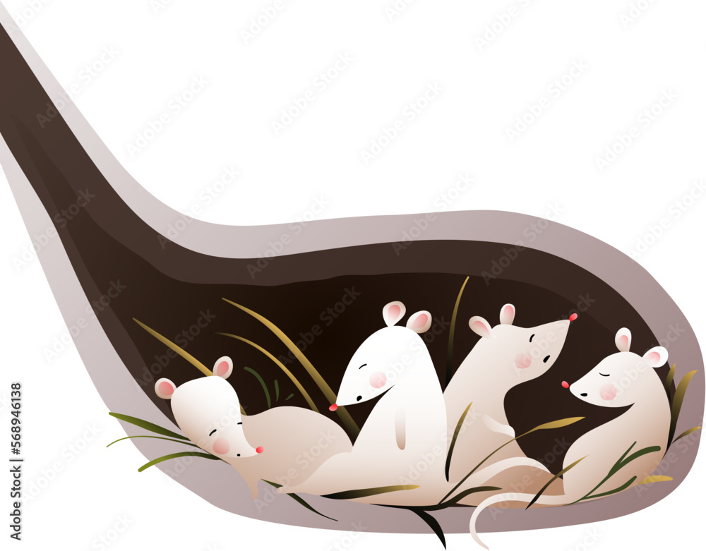Mouse or rodents family sleeping or hibernating in a den or burrow ...