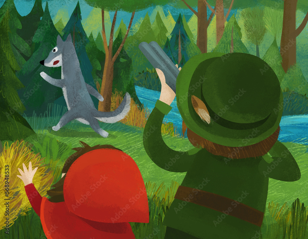 cartoon scene with hunter forester hunting wolf in the forest with ...