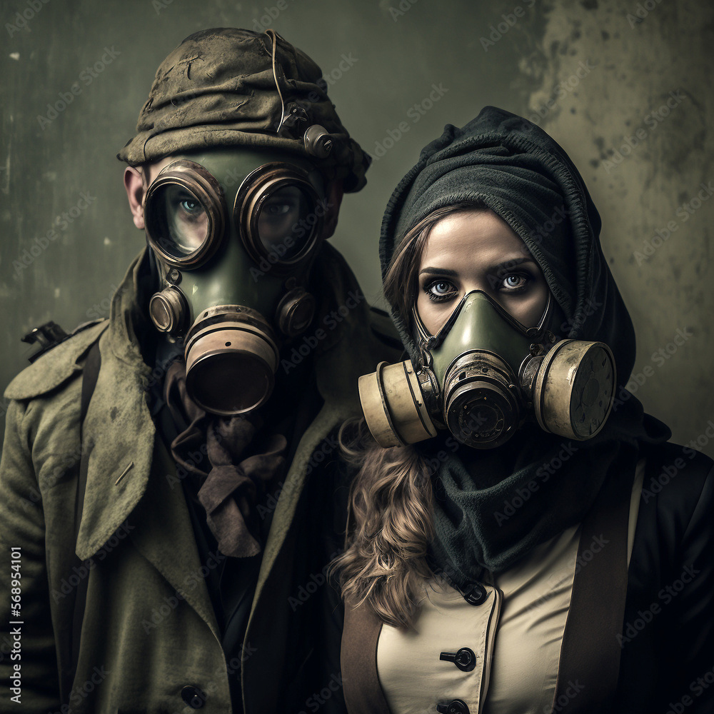 Man and woman with gas mask depicting consequences of global warming ...