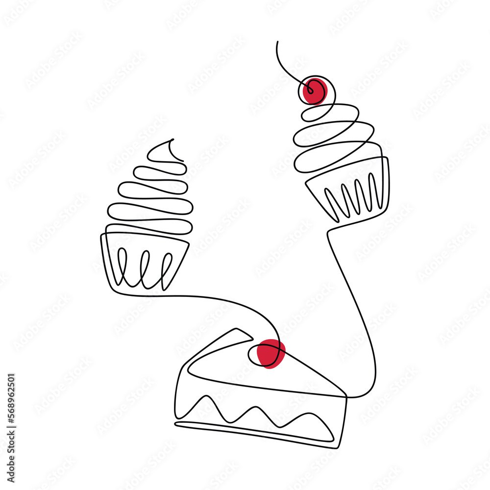 Vector desserts set. Muffin, cupcake, cake, cheesecake one line ...