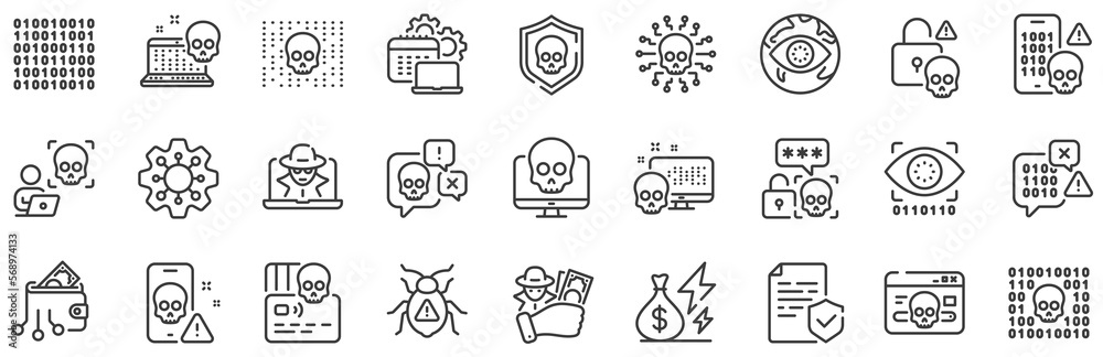 Phishing risk, Data ransomware, Binary code. Cyber attack line icons. Hacker attack, Virus ...