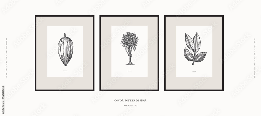 Set of posters on theme of cocoa. Tree, fruits and leaves of cocoa in ...