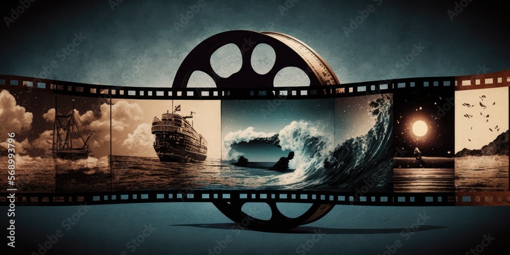 Film reel. Canister of film stock spool. 3D digital art. Theatrical ...