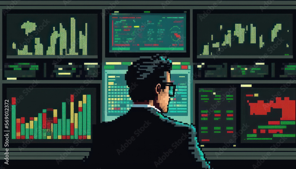 Pixel art of business man trading stock market background. Financial ...