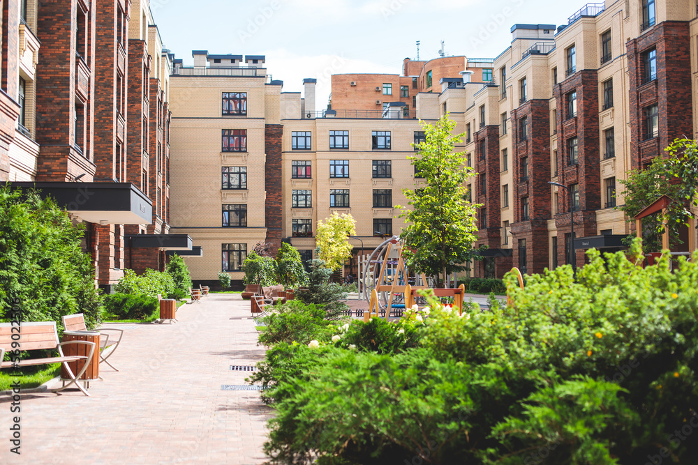 Modern european residential apartment complex yard territory, multi ...