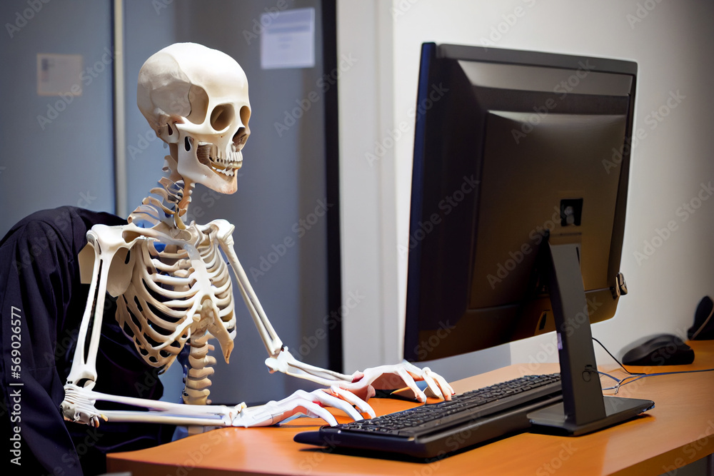 Skeleton working at desktop computer in office, generative art Stock Illustration | Adobe Stock