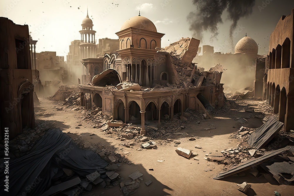 An Entire City Square Devastated by an Earthquake, Destroying Buildings ...