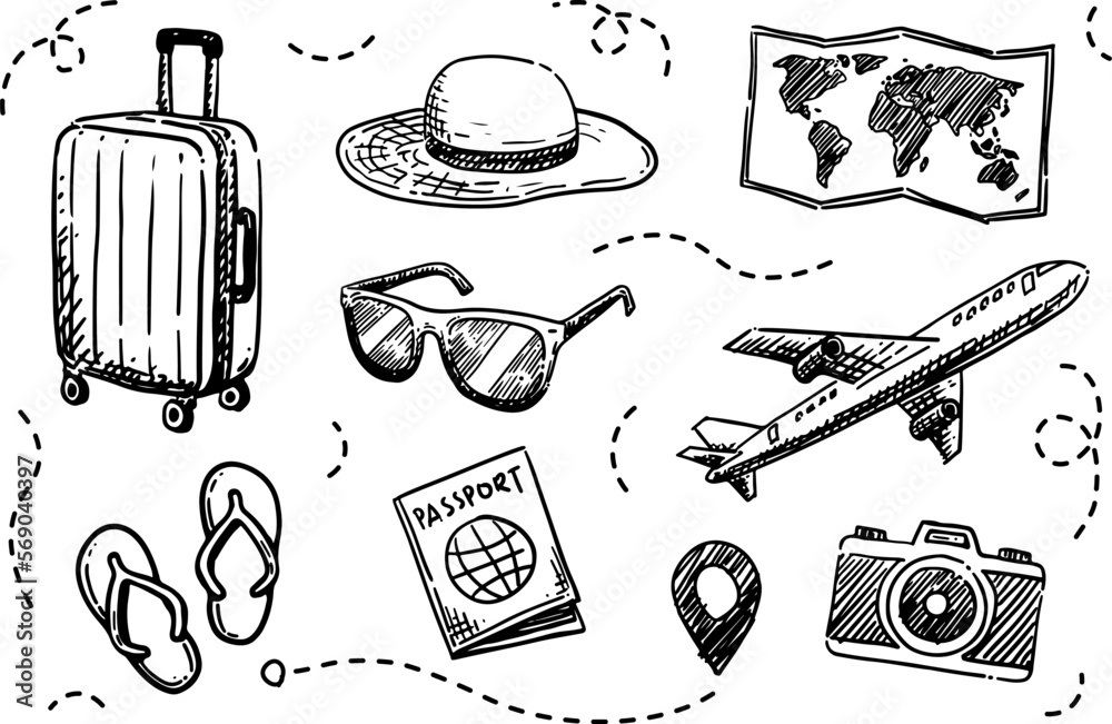 Travel hand drawn sketch, suitcase, maps, flip-flops, maps pin ...