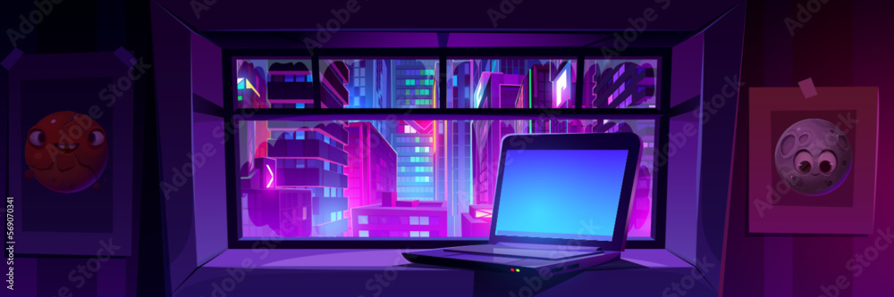 Laptop on window with night city view. Vector cartoon illustration of ...