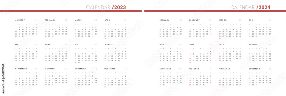 Set of 2023-2024 Annual Calendar template. Vector layout of a wall or ...
