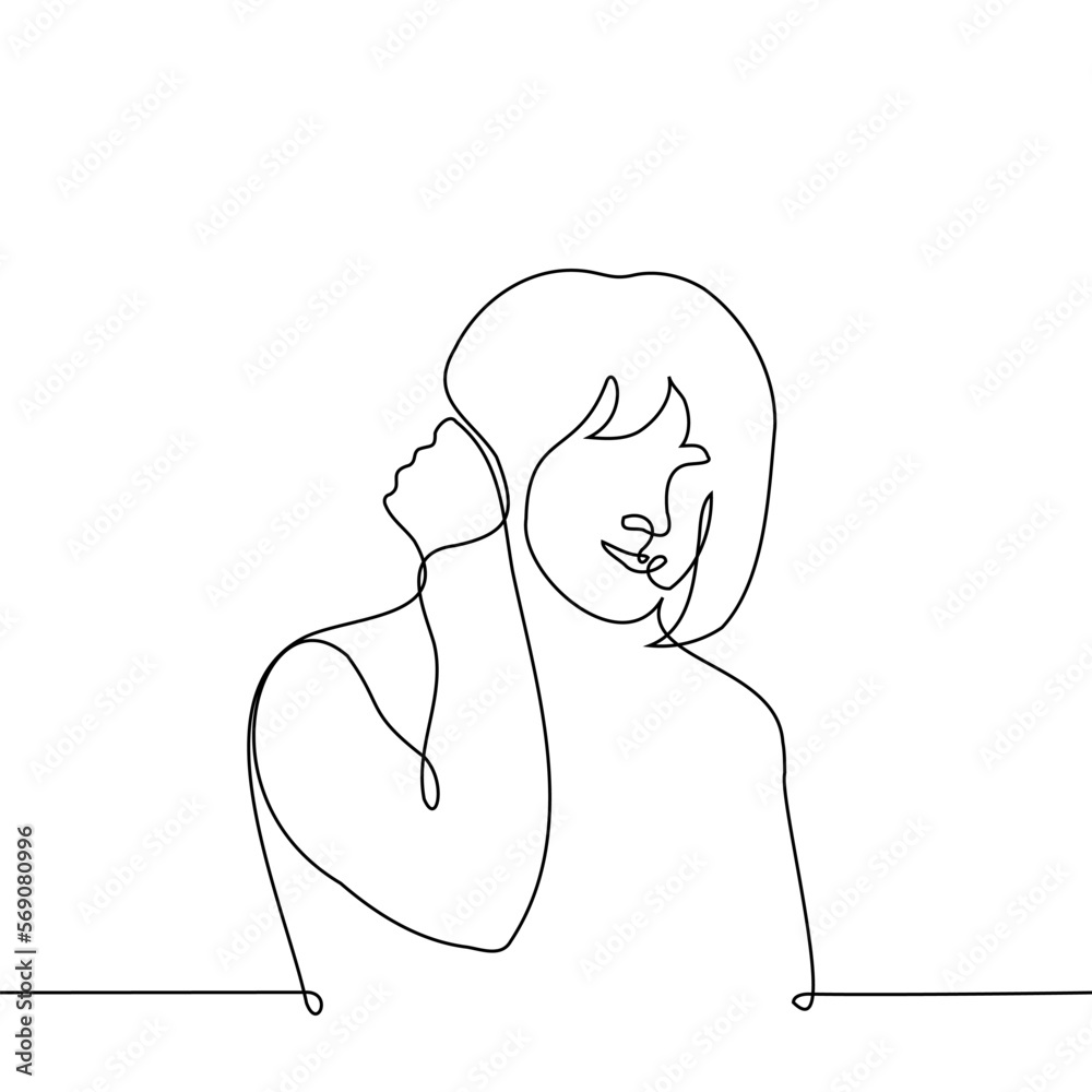 Woman Straightens Her Hair Behind Her Ear Smiling One Line Drawing