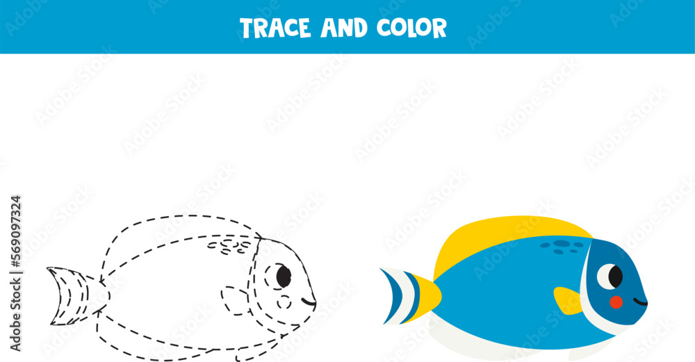 Vector de Stock Trace and color cartoon cute fish. Worksheet for ...