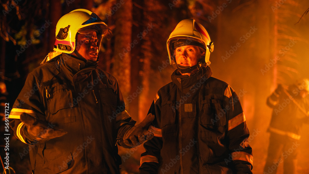 Portrait of Two Professional Firefighters Standing in a Forest ...