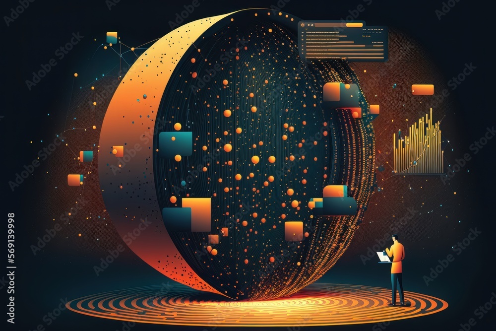 Big data flow technology and data science illustration concept. Concept of data research, data ...