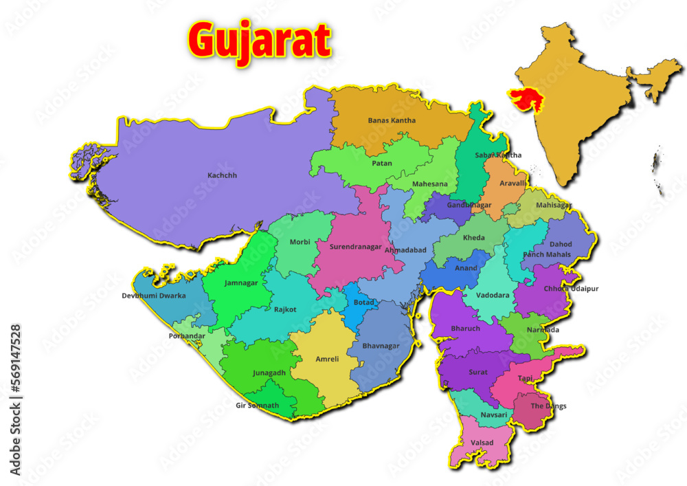 Vector de Stock Map of Gujarat State with names of regions. Vector ...