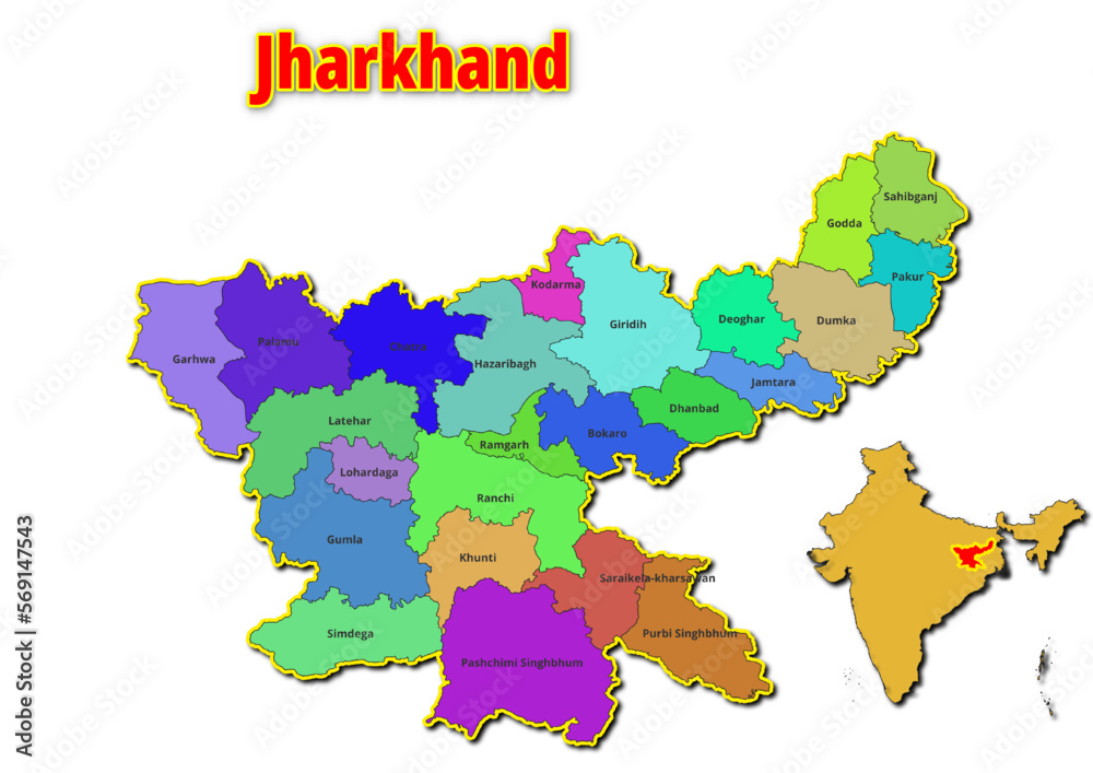 Map of Jharkhand State with names of regions. Vector illustration of geographical map of ...