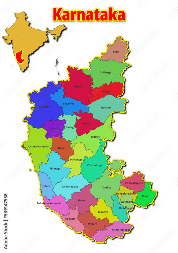 Map of Karnataka State with names of regions. Vector illustration of geographical map of ...