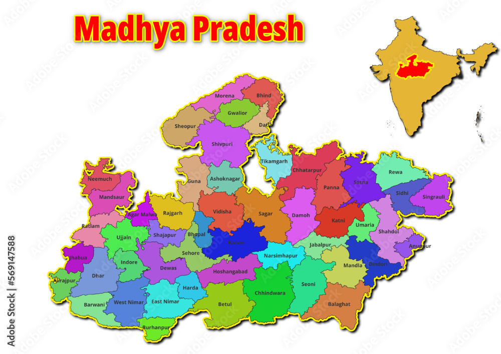 Vector de Stock Map of Madhya Pradesh State with names of regions ...