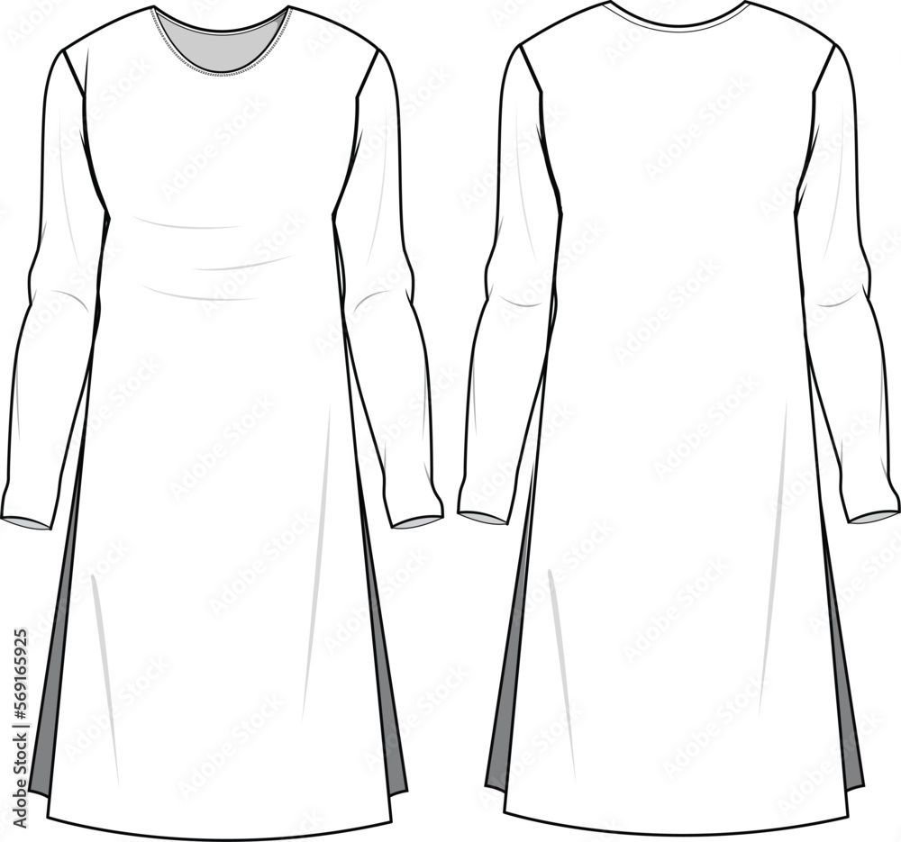 Round Neck Long Sleeve Side Slit Kurta Front and Back View. Fashion ...