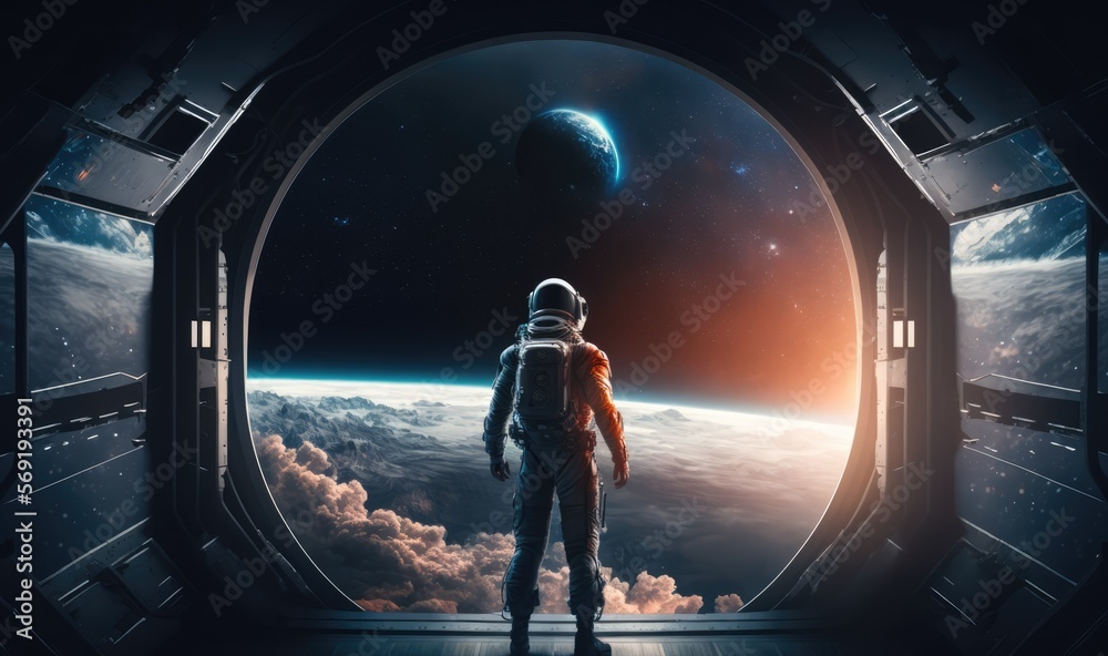 astronaut looking out space station window made with generative ai Stock Illustration | Adobe Stock