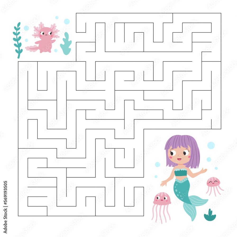 Maze game for kids. Help the axolotl find right way to mermaid. Cute ...