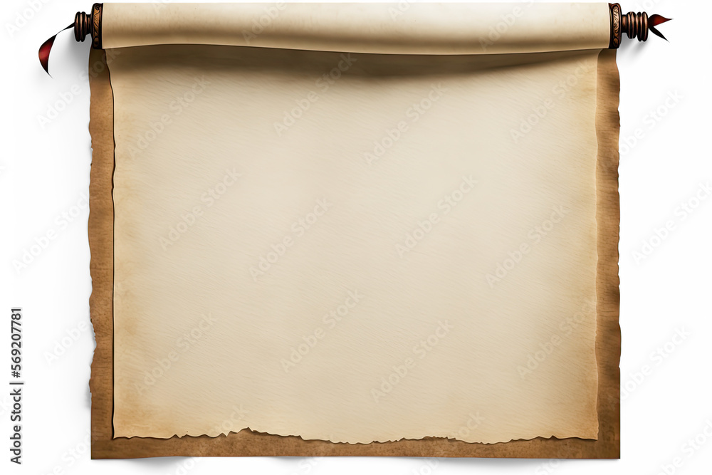 An old parchment sheet with a wooden roll as a mockup template on alpha ...