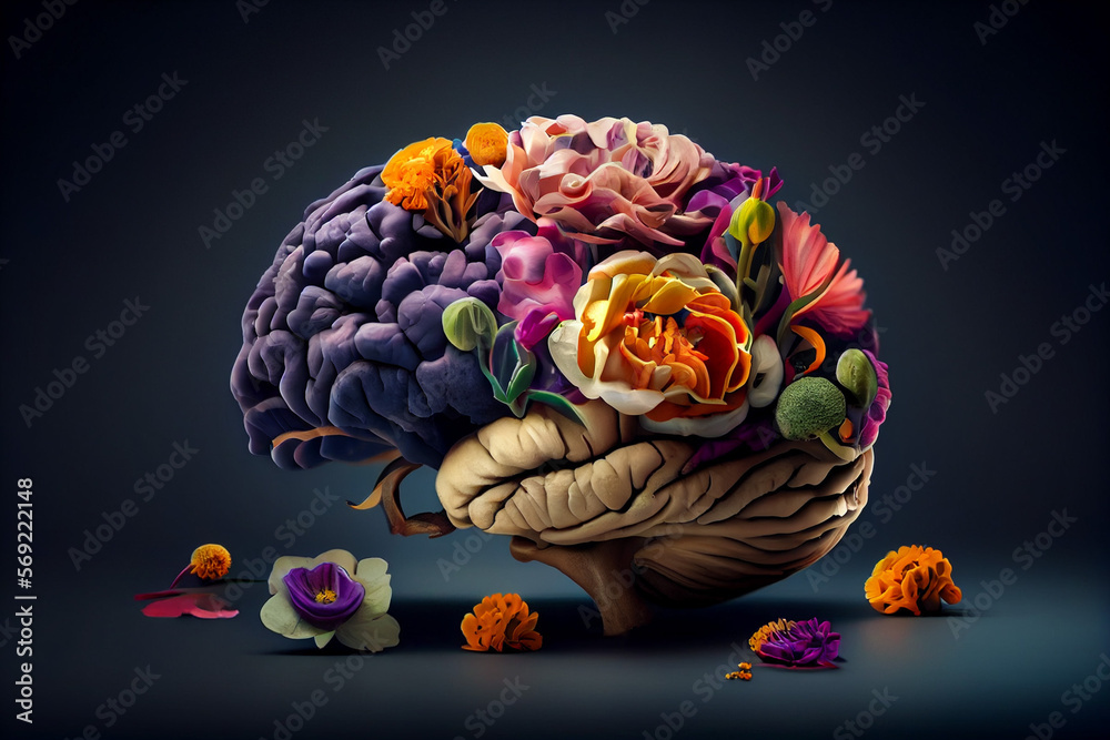 Human brain with flowers, self care and mental health concept. Created ...