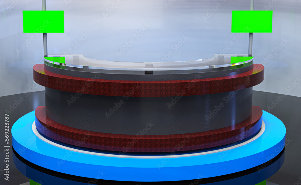 tv news studio, television broadcast room interior 4 with round table ...