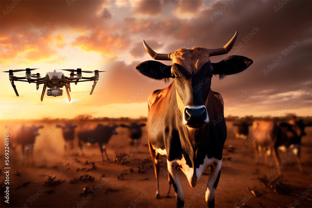 Drone monitoring cattle with microchip sensor in smart farm. AI ...