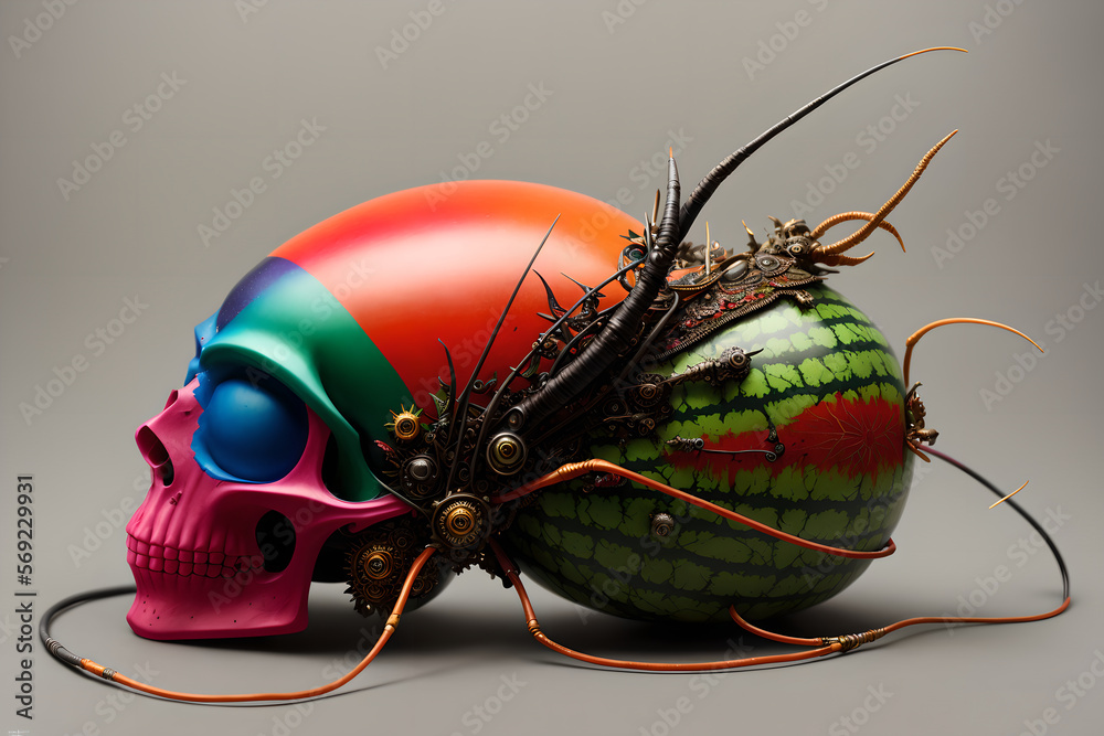 Dark fantasy creepy but cute chimera, painted human skull mixed with ...