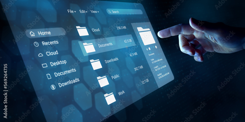 Document management system with file explorer window on virtual screen ...