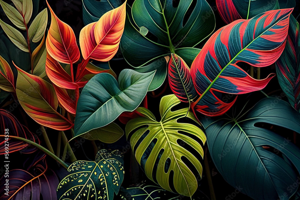 Monstera and Calathea colorful leaves background. Tropical plants full ...