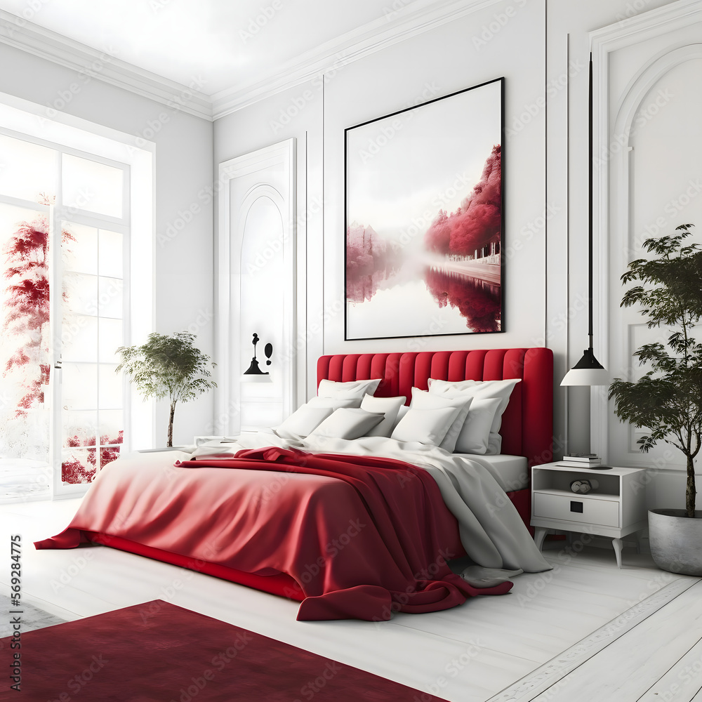 Cozy modern bedroom interior with red bed and decoration room on a red ...