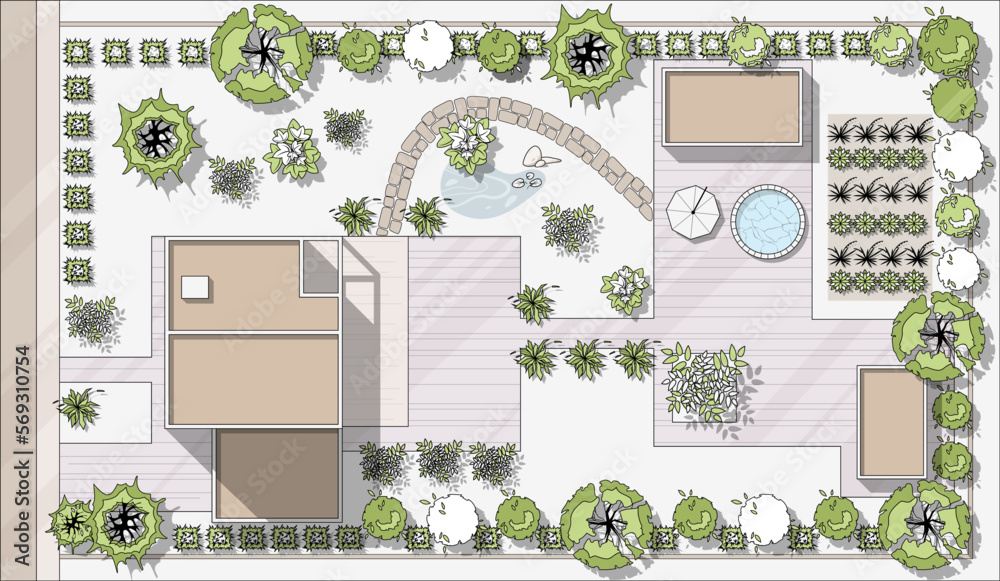 Top view landscape design plan with house, courtyard, lawn, garage ...