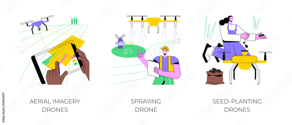 Agricultural drones isolated cartoon vector illustrations set. Aerial ...