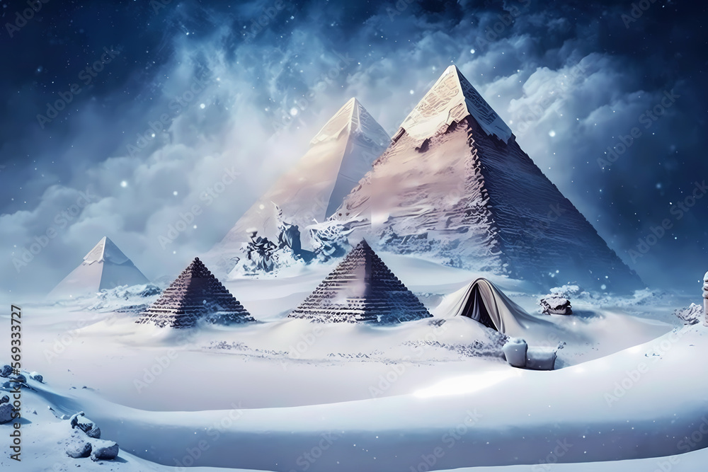 Stock-Illustration „Winter Frozen Egypt ancient pyramids in snow ...