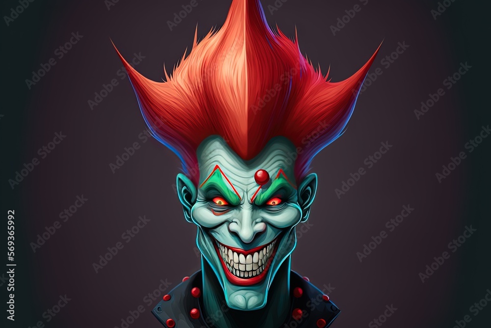 cartoonish jester with a painted face, a rainbow wig, and a sneering ...