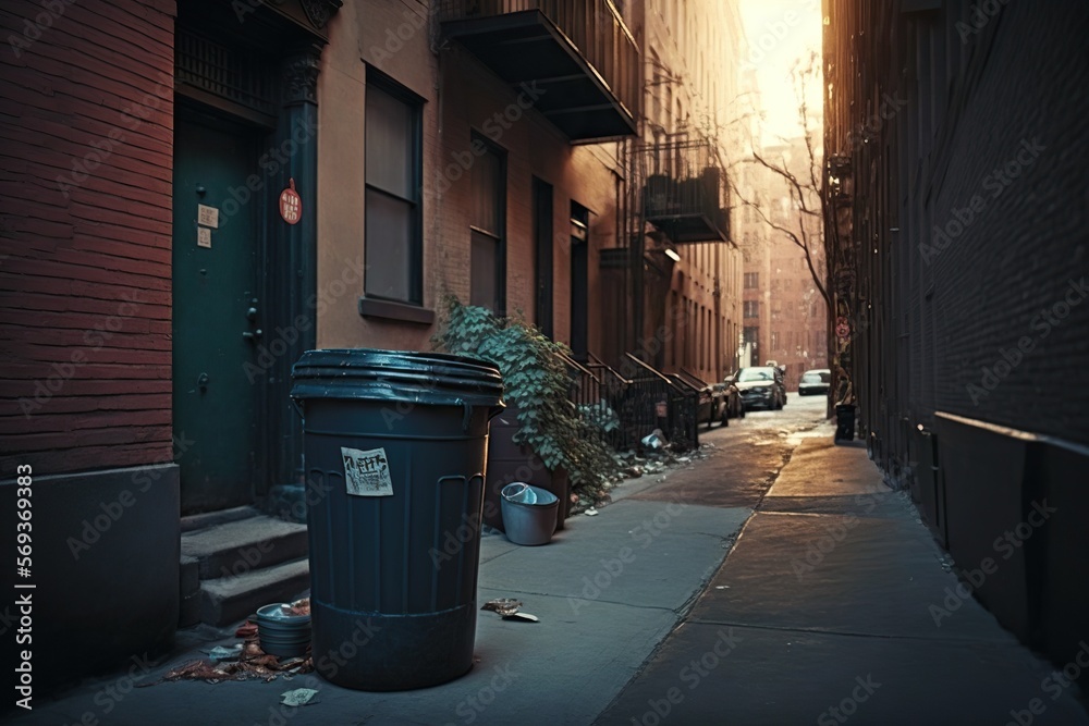 Overflowing trash can in city alleyway, concept of Urban Pollution and ...