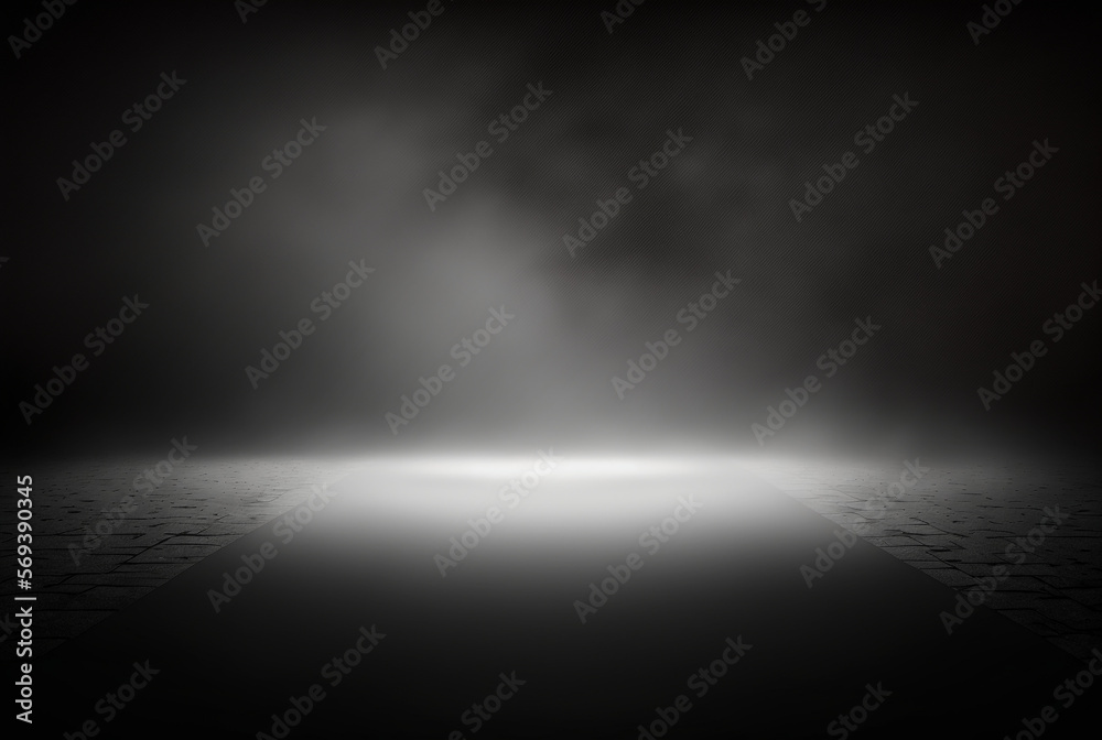 an empty dark room with smoke and haze, spots lighting the scene ...