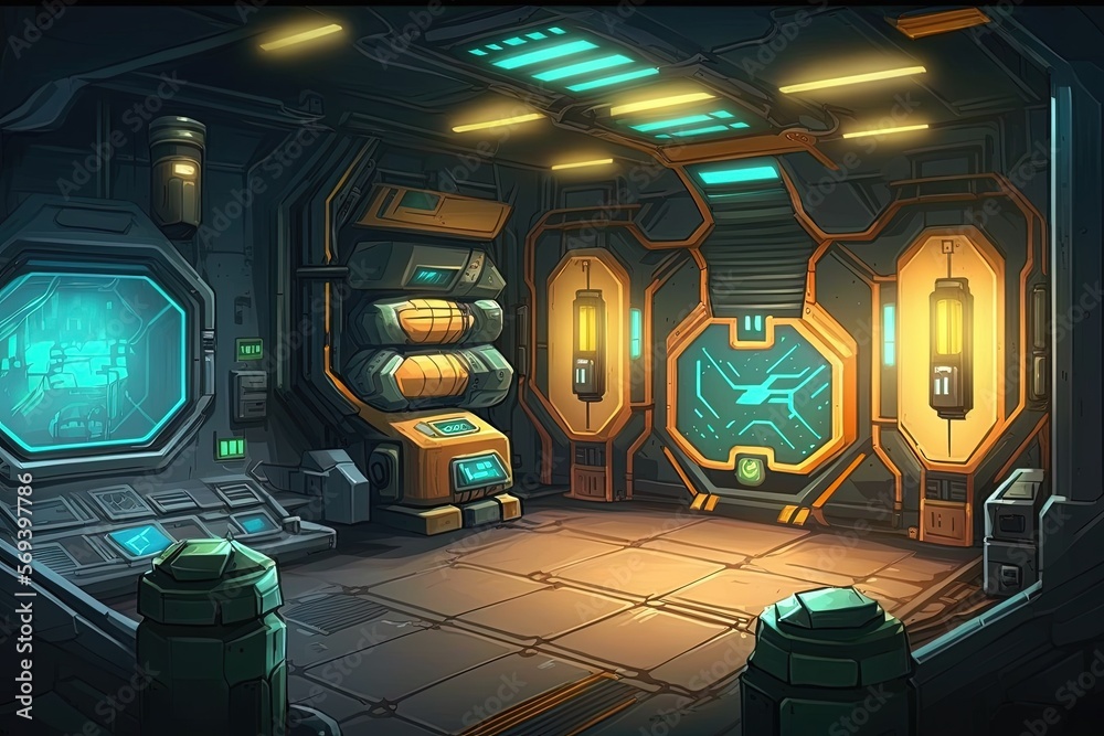 Sci-fi spaceship interior, 2D game background, digital illustration of ...