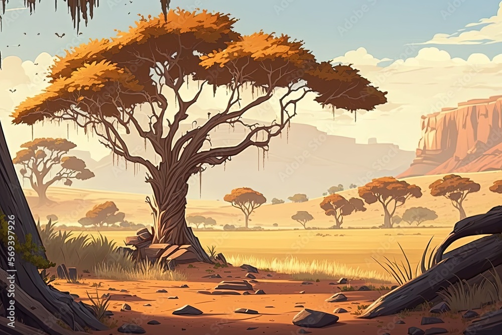African savanna. 2D game background. Digital illustration of scenery ...