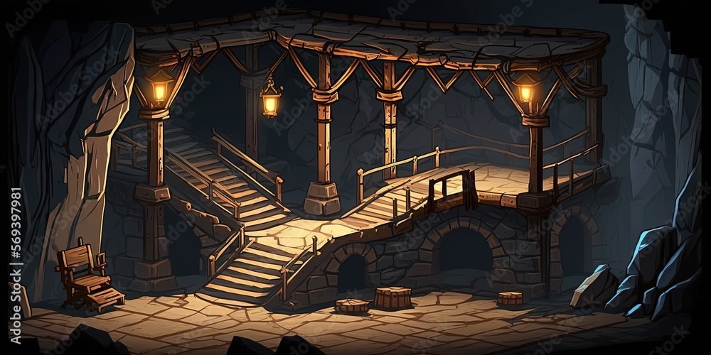 Underground mine with wooden structure and rails. 2D game background ...