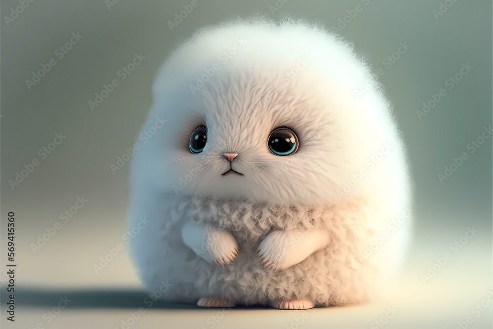 fluffy cartoon white avatar mascot, earless rabbit like unreal cute ...