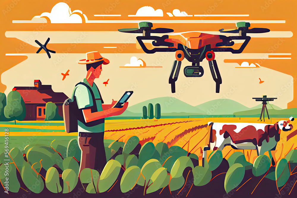 Cartoon farmer controlling drone in field. Smart farming scene in ...