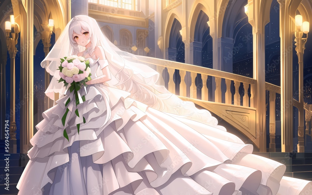 A beautiful white hair girl bride. Wedding anime concept. Generative AI ...