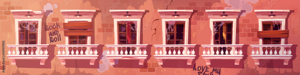 Abandoned building facade. Vector cartoon illustration of old house ...