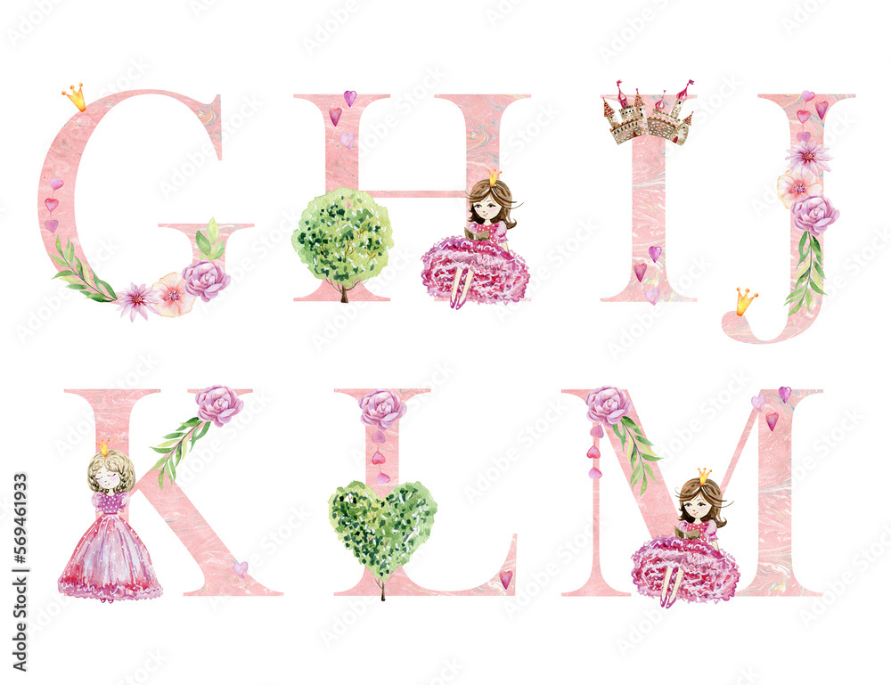 Watercolor pink letters with princesses for invitation card, nursery ...