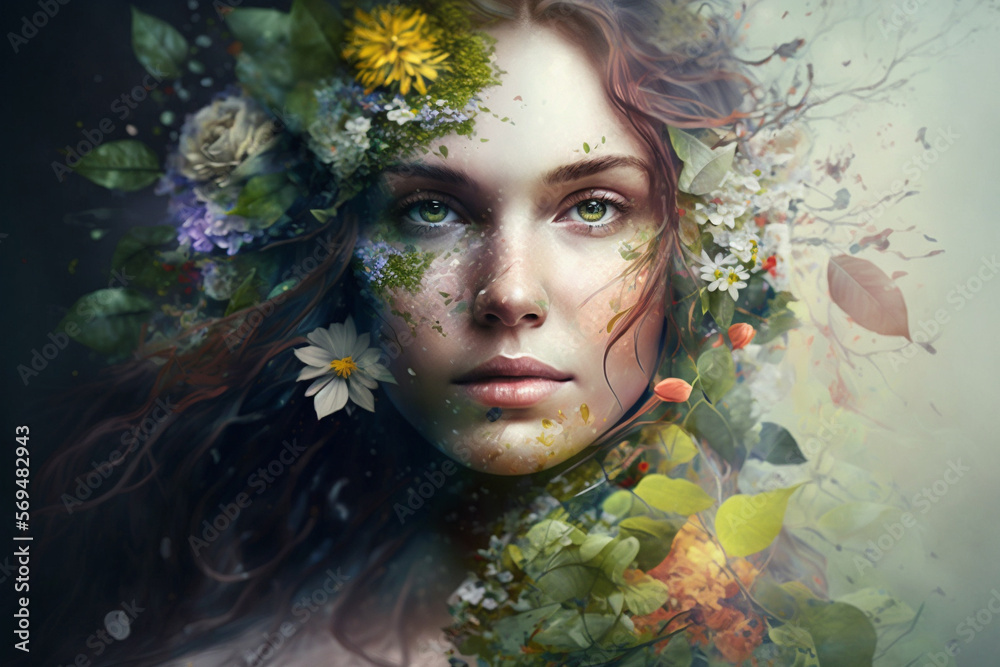 Beautiful girl symbolising Mother nature concept seamlessly merged with ...